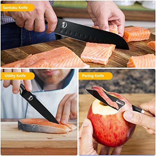 Knife Set, RITSU 7 Pieces Kitchen Knife Set with Block - Ultra Sharp Professional Chef Knife Set with Black Non-stick Coating Blade