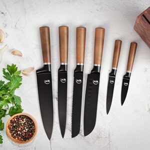 Knife Set, RITSU 7 Pieces Kitchen Knife Set with Block - Ultra Sharp Professional Chef Knife Set with Black Non-stick Coating Blade