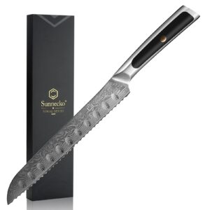 sunnecko bread knife 8 inch, serrated bread knife for homemade bread with 67-layers vg10 damascus steel blade, japanese bread knife with solid handle best bread cutting knife bread knives cake knife