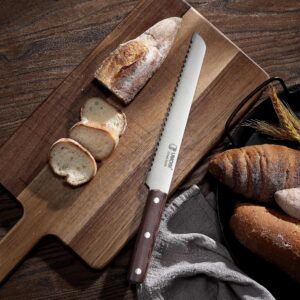 UMOGI Bread Knife 8 Inch with Sheath - German High Carbon Stainless Steel, Ergonomic Grip Full Tang Wood Handle - Serrated Edge Home Kitchen Knife for Bread Tomatoes & Cake