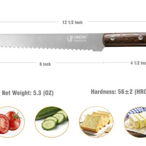 UMOGI Bread Knife 8 Inch with Sheath - German High Carbon Stainless Steel, Ergonomic Grip Full Tang Wood Handle - Serrated Edge Home Kitchen Knife for Bread Tomatoes & Cake