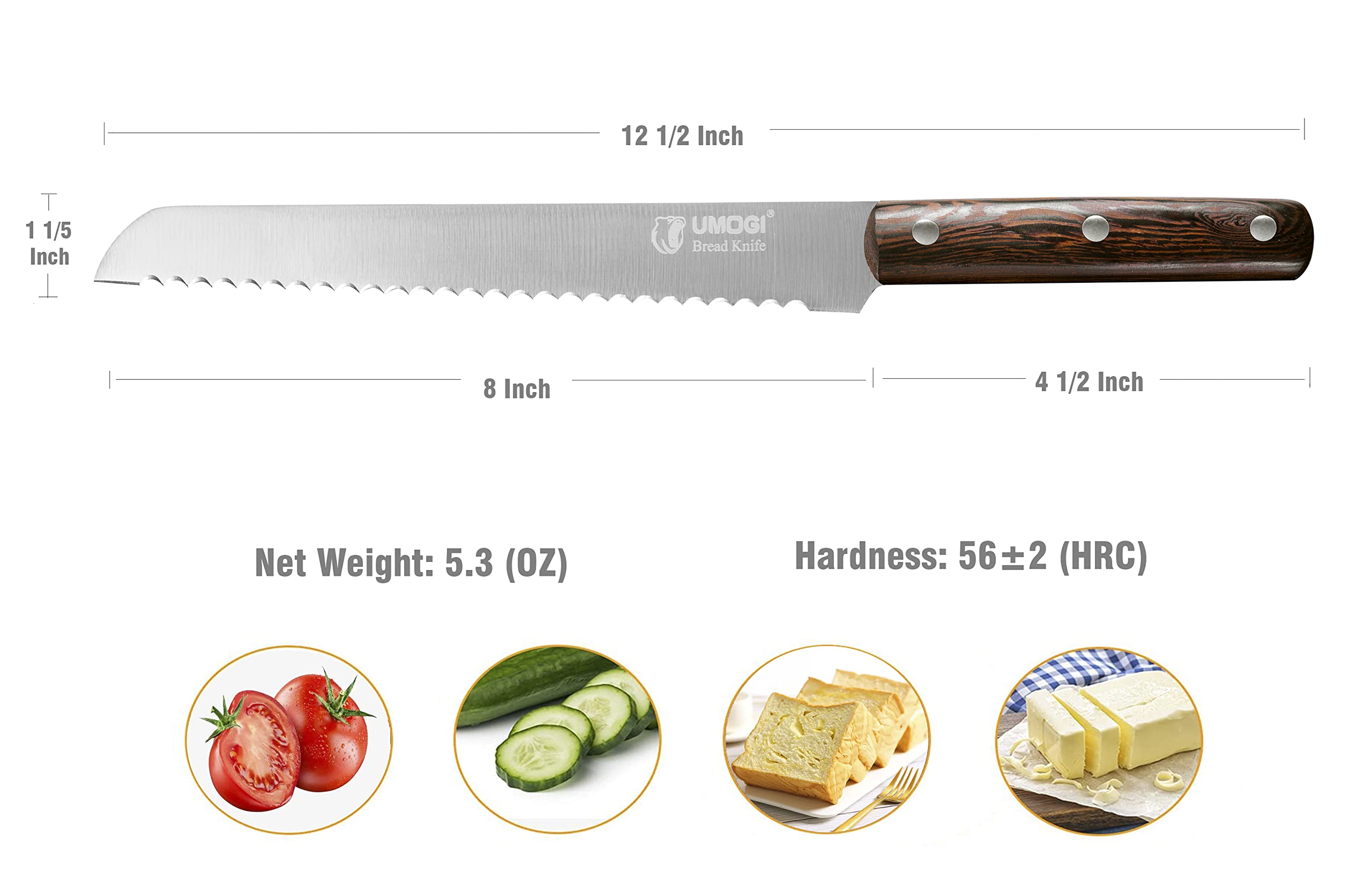 UMOGI Bread Knife 8 Inch with Sheath - German High Carbon Stainless Steel, Ergonomic Grip Full Tang Wood Handle - Serrated Edge Home Kitchen Knife for Bread Tomatoes & Cake