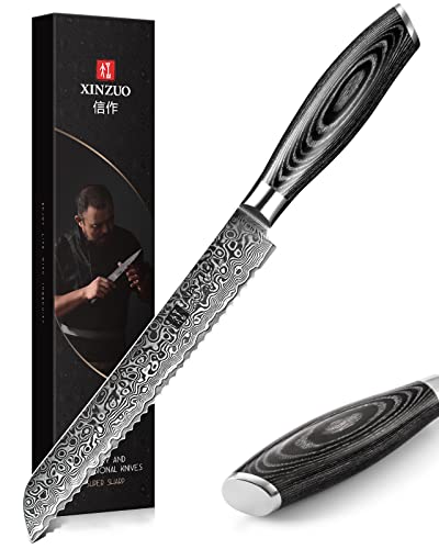 XINZUO 8 Inch Bread Knife High Carbon 67 Layer Japanese VG10 Damascus Super Steel Kitchen Knife Professional Chef's Knife with Pakkawood Handle - Ya Series