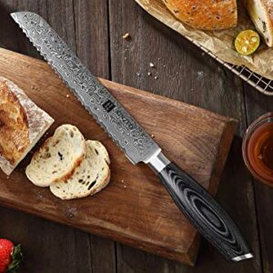 XINZUO 8 Inch Bread Knife High Carbon 67 Layer Japanese VG10 Damascus Super Steel Kitchen Knife Professional Chef's Knife with Pakkawood Handle - Ya Series