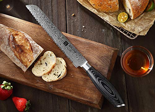 XINZUO 8 Inch Bread Knife High Carbon 67 Layer Japanese VG10 Damascus Super Steel Kitchen Knife Professional Chef's Knife with Pakkawood Handle - Ya Series