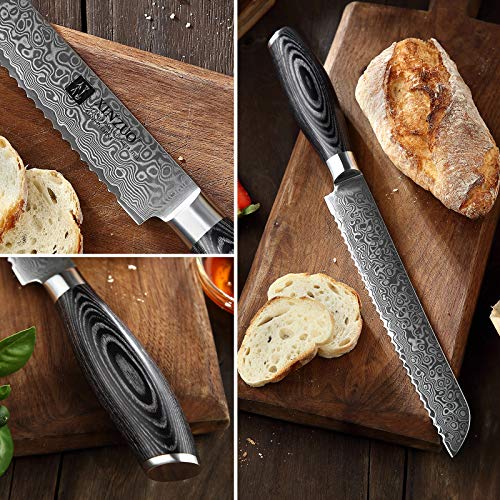 XINZUO 8 Inch Bread Knife High Carbon 67 Layer Japanese VG10 Damascus Super Steel Kitchen Knife Professional Chef's Knife with Pakkawood Handle - Ya Series