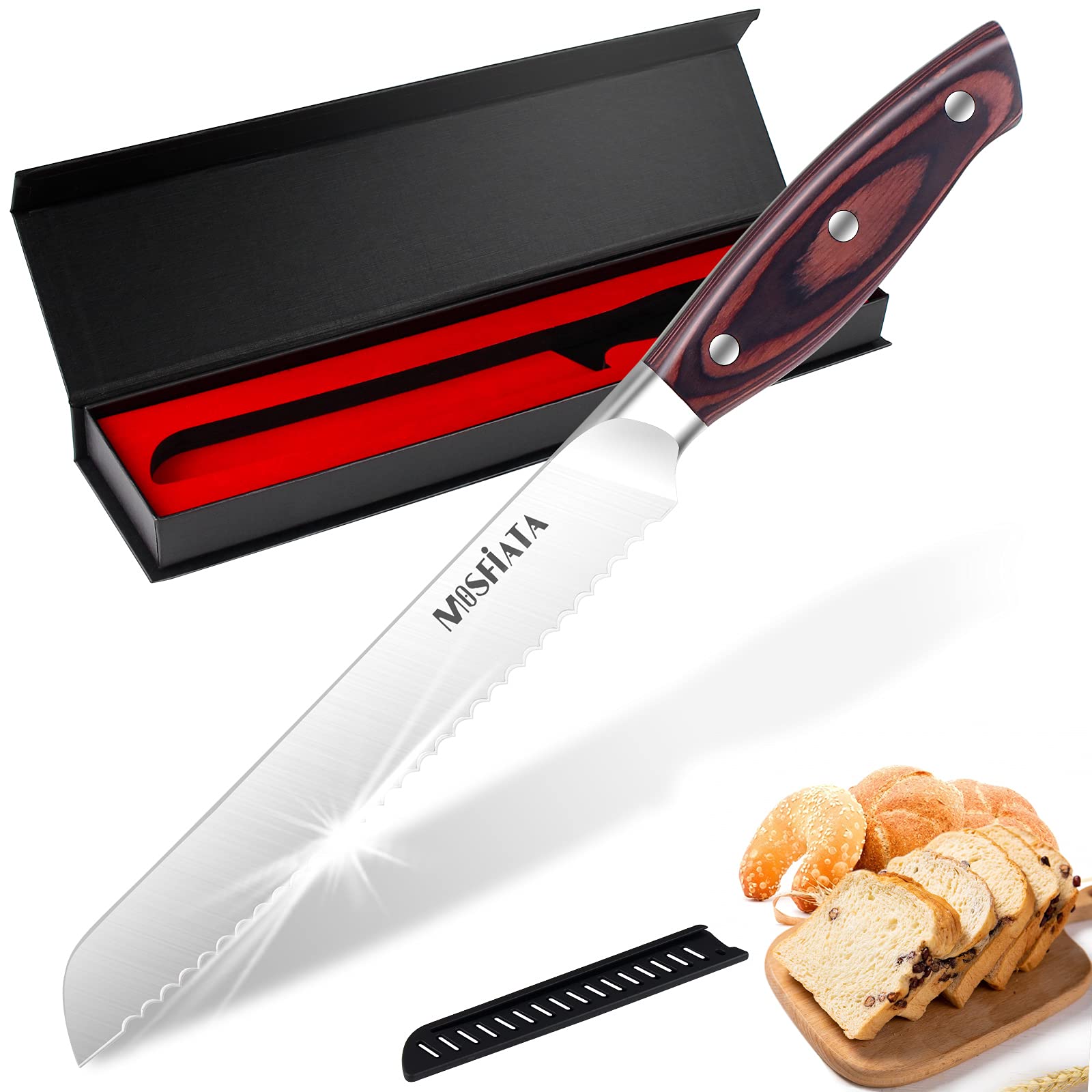 MOSFiATA Bread Knife 8 Inch Serrated Knife, 5Cr15Mov High Carbon Stainless Steel Bread Cutter with Ergonomic Pakkawood Handle, Full Tang Bread Slicer with Sheath, Ideal for Cake, Bagel, Sandwich