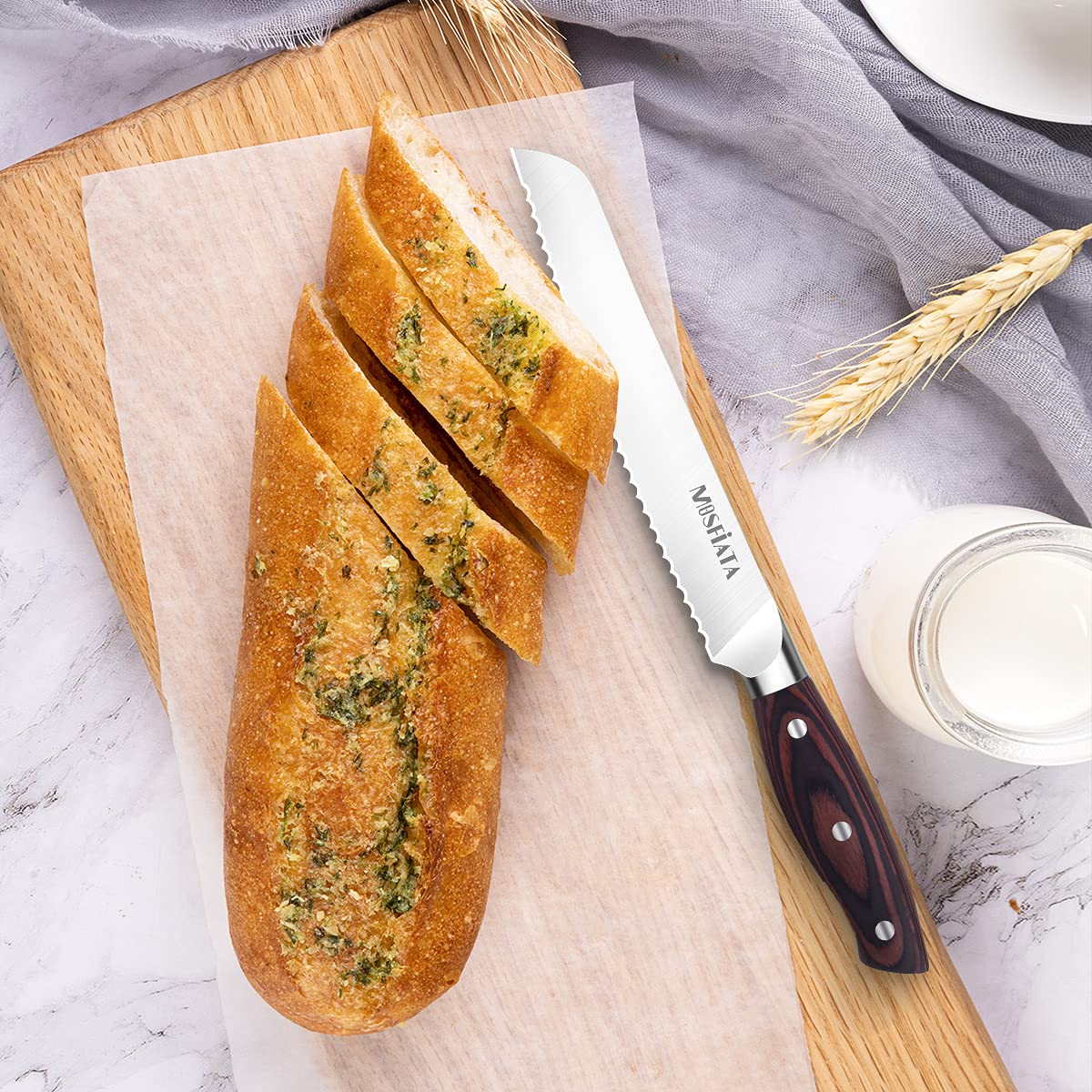 MOSFiATA Bread Knife 8 Inch Serrated Knife, 5Cr15Mov High Carbon Stainless Steel Bread Cutter with Ergonomic Pakkawood Handle, Full Tang Bread Slicer with Sheath, Ideal for Cake, Bagel, Sandwich