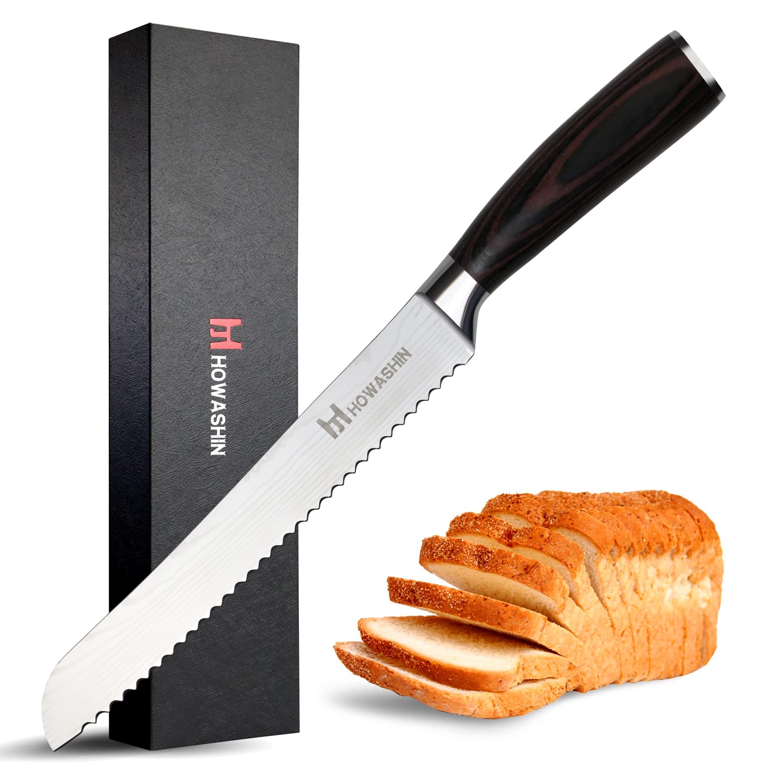 Howashin 8 inch Bread Knife Sharp Professional Cake Knife German High Carbon Kitchen Knife Ergonomic Colour Wood Handle With Christmas Gift Box