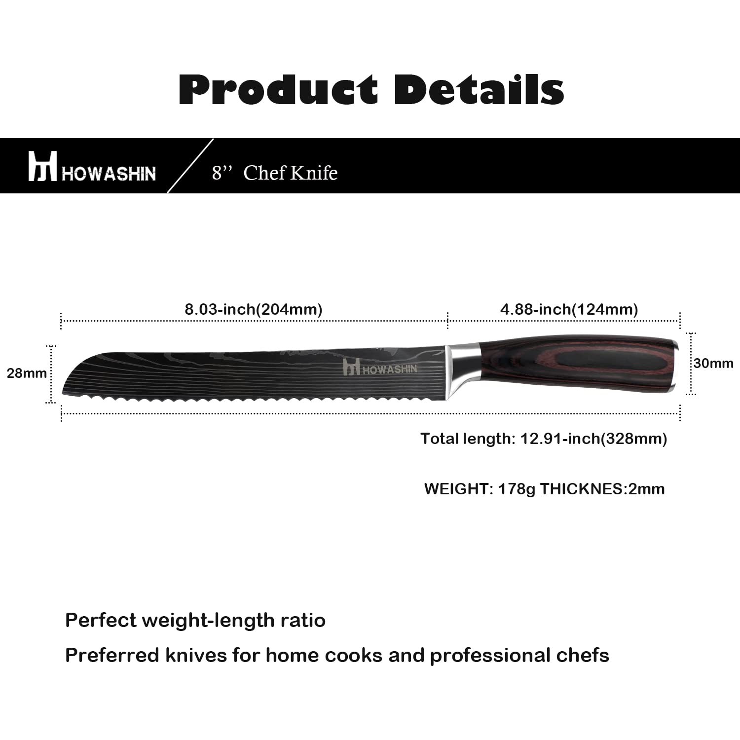 Howashin 8 inch Bread Knife Sharp Professional Cake Knife German High Carbon Kitchen Knife Ergonomic Colour Wood Handle With Christmas Gift Box