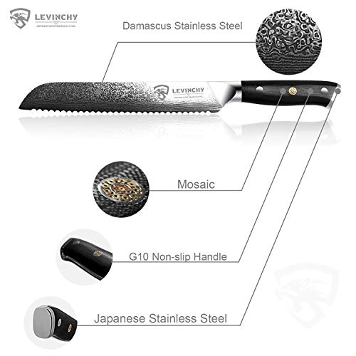 LEVINCHY Bread Knife 8 inch Professional Japanese Damascus Stainless Steel with Black Premium G10 Handle, Ergonomic Pro Kitchen Knife, Superb Edge Retention, Stain & Corrosion Resistant