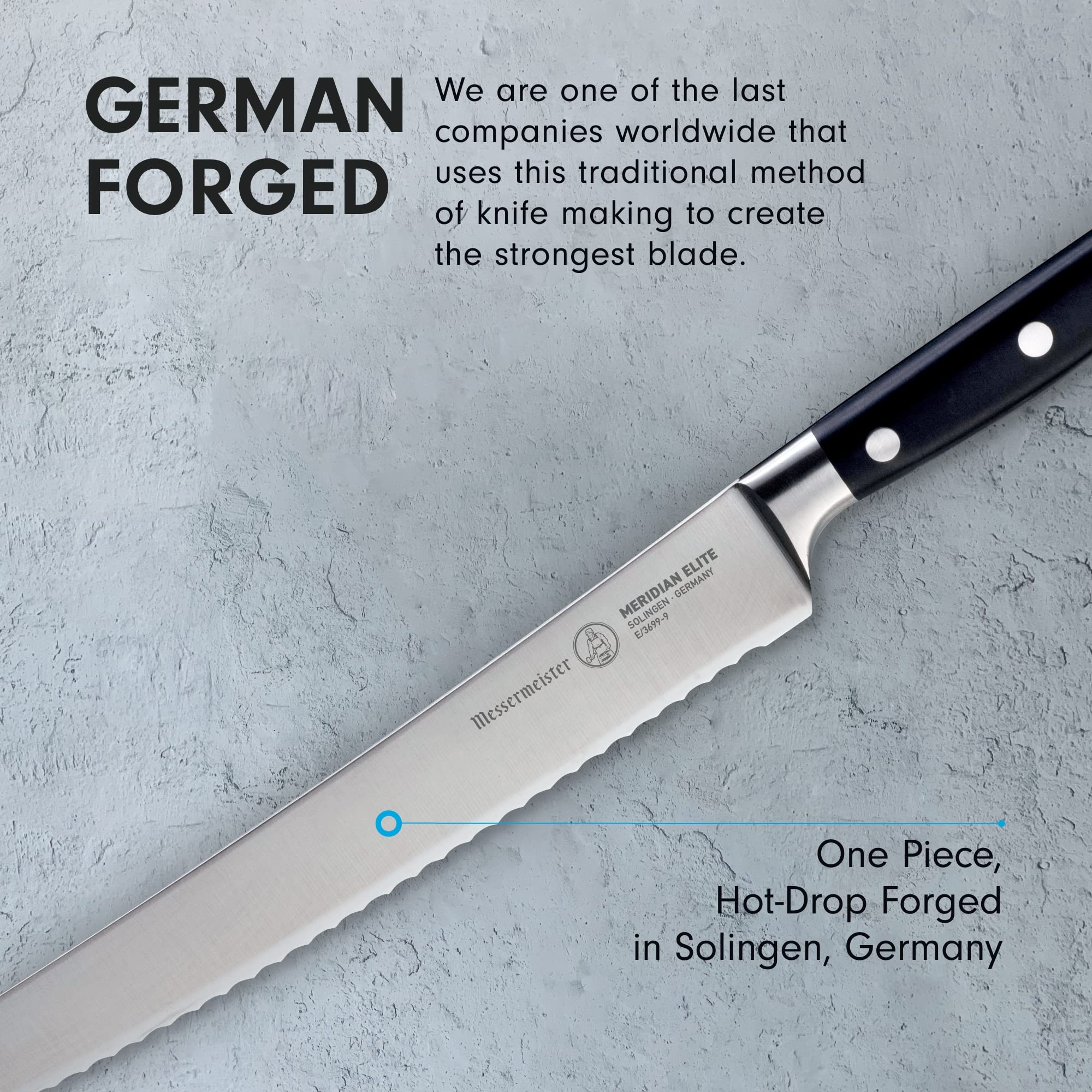 Messermeister Meridian Elite 9” Scalloped Bread Knife - Fine German Steel Alloy Blade - Rust Resistant & Easy to Maintain