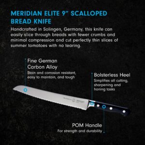 Messermeister Meridian Elite 9” Scalloped Bread Knife - Fine German Steel Alloy Blade - Rust Resistant & Easy to Maintain