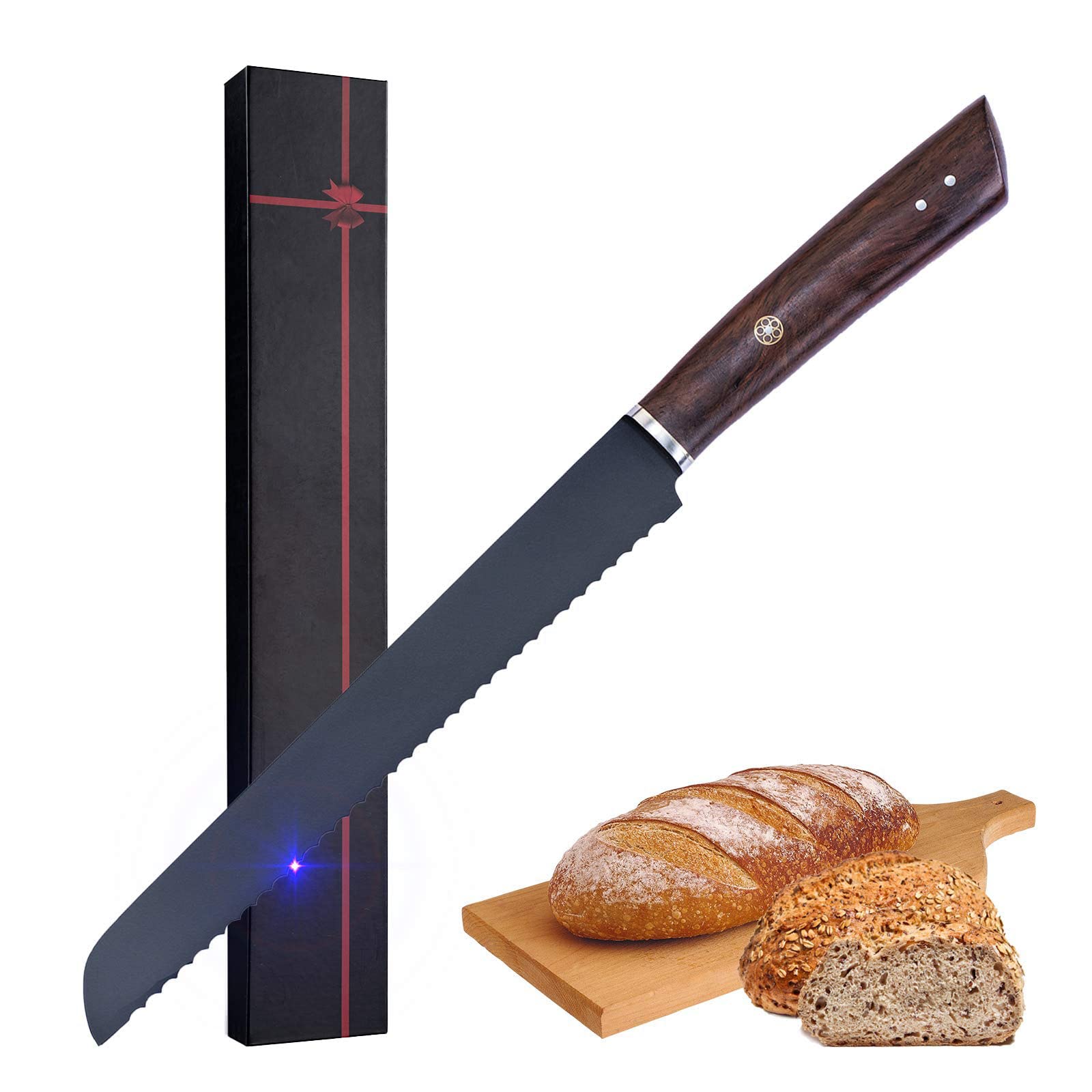 LASTOOLS 9 Inches Bread Knife Serrated Edge, Birthday Cake Knife Gift Box Package High Carbon Stainless Steel Forged Cutter for Homemade Crusty Bread