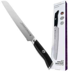 stewart & bradley 8inch serrated bread knife. masterpro series full tang, razor sharp, ultra fine highly tempered german steel 4028, forged to 1400 degrees, precision diamond sharpened bread knife