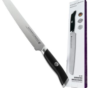 STEWART & BRADLEY 8Inch Serrated Bread Knife. MasterPro Series Full Tang, Razor Sharp, Ultra Fine Highly Tempered German Steel 4028, Forged to 1400 degrees, Precision Diamond Sharpened bread knife