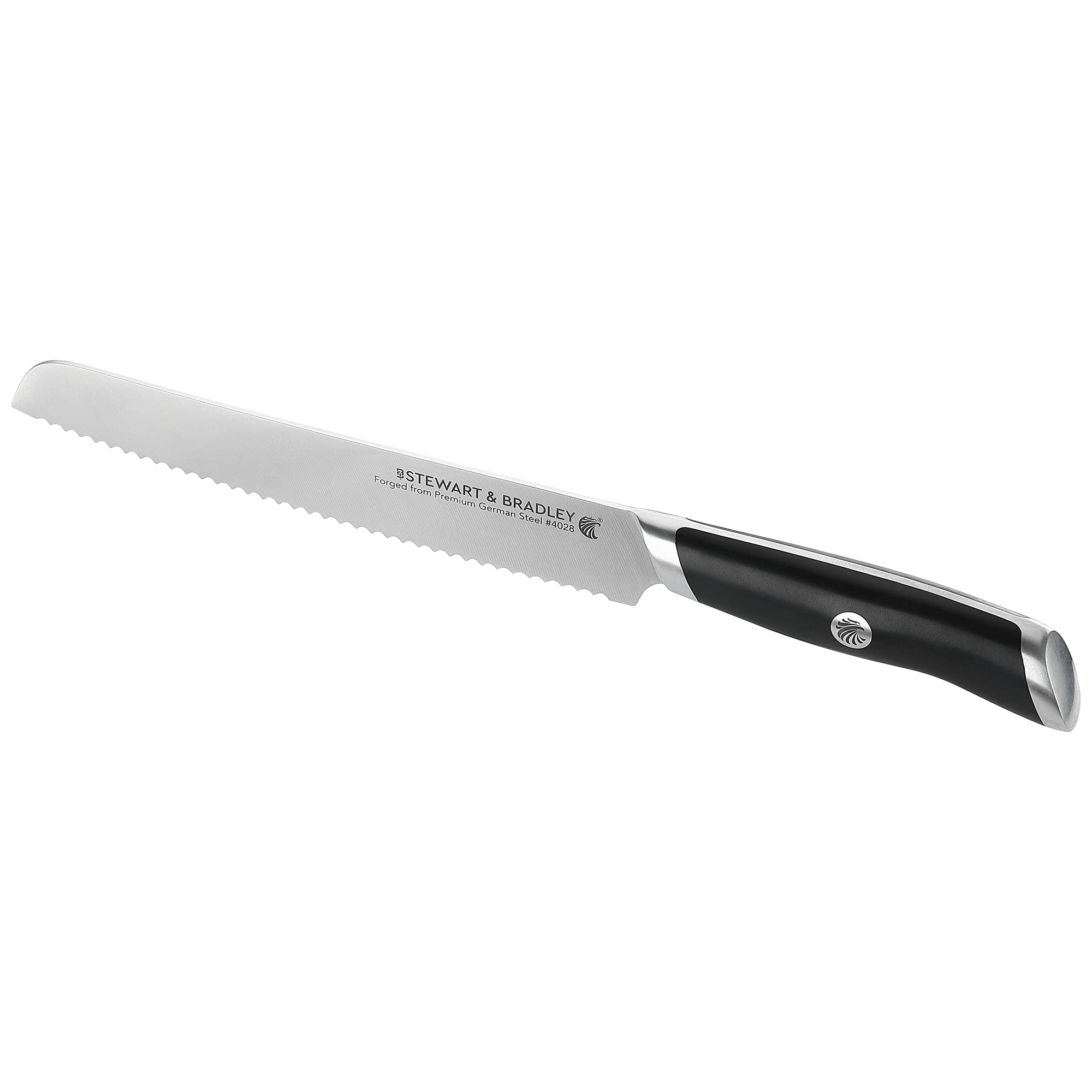 STEWART & BRADLEY 8Inch Serrated Bread Knife. MasterPro Series Full Tang, Razor Sharp, Ultra Fine Highly Tempered German Steel 4028, Forged to 1400 degrees, Precision Diamond Sharpened bread knife