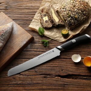 STEWART & BRADLEY 8Inch Serrated Bread Knife. MasterPro Series Full Tang, Razor Sharp, Ultra Fine Highly Tempered German Steel 4028, Forged to 1400 degrees, Precision Diamond Sharpened bread knife