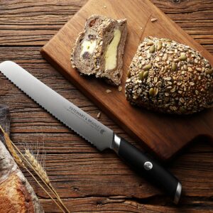 STEWART & BRADLEY 8Inch Serrated Bread Knife. MasterPro Series Full Tang, Razor Sharp, Ultra Fine Highly Tempered German Steel 4028, Forged to 1400 degrees, Precision Diamond Sharpened bread knife