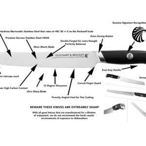 STEWART & BRADLEY 8Inch Serrated Bread Knife. MasterPro Series Full Tang, Razor Sharp, Ultra Fine Highly Tempered German Steel 4028, Forged to 1400 degrees, Precision Diamond Sharpened bread knife