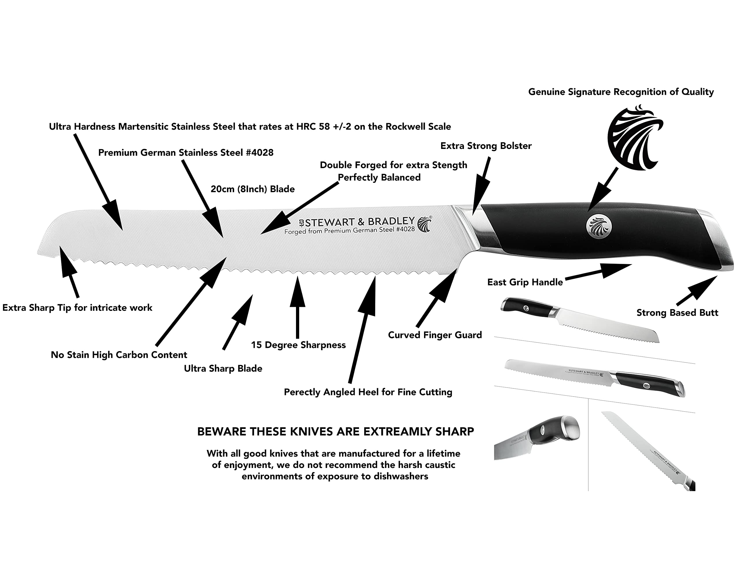 STEWART & BRADLEY 8Inch Serrated Bread Knife. MasterPro Series Full Tang, Razor Sharp, Ultra Fine Highly Tempered German Steel 4028, Forged to 1400 degrees, Precision Diamond Sharpened bread knife