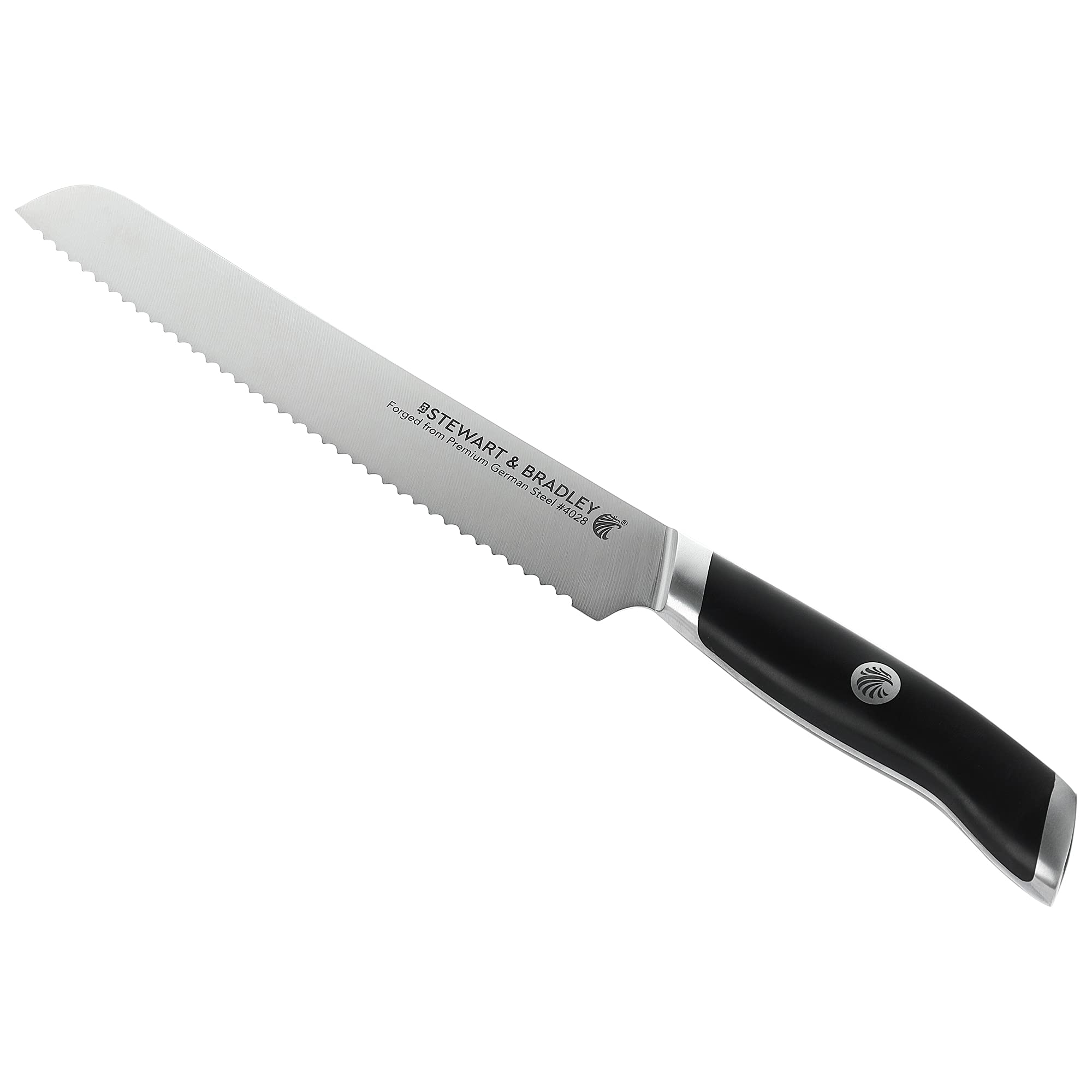 STEWART & BRADLEY 8Inch Serrated Bread Knife. MasterPro Series Full Tang, Razor Sharp, Ultra Fine Highly Tempered German Steel 4028, Forged to 1400 degrees, Precision Diamond Sharpened bread knife