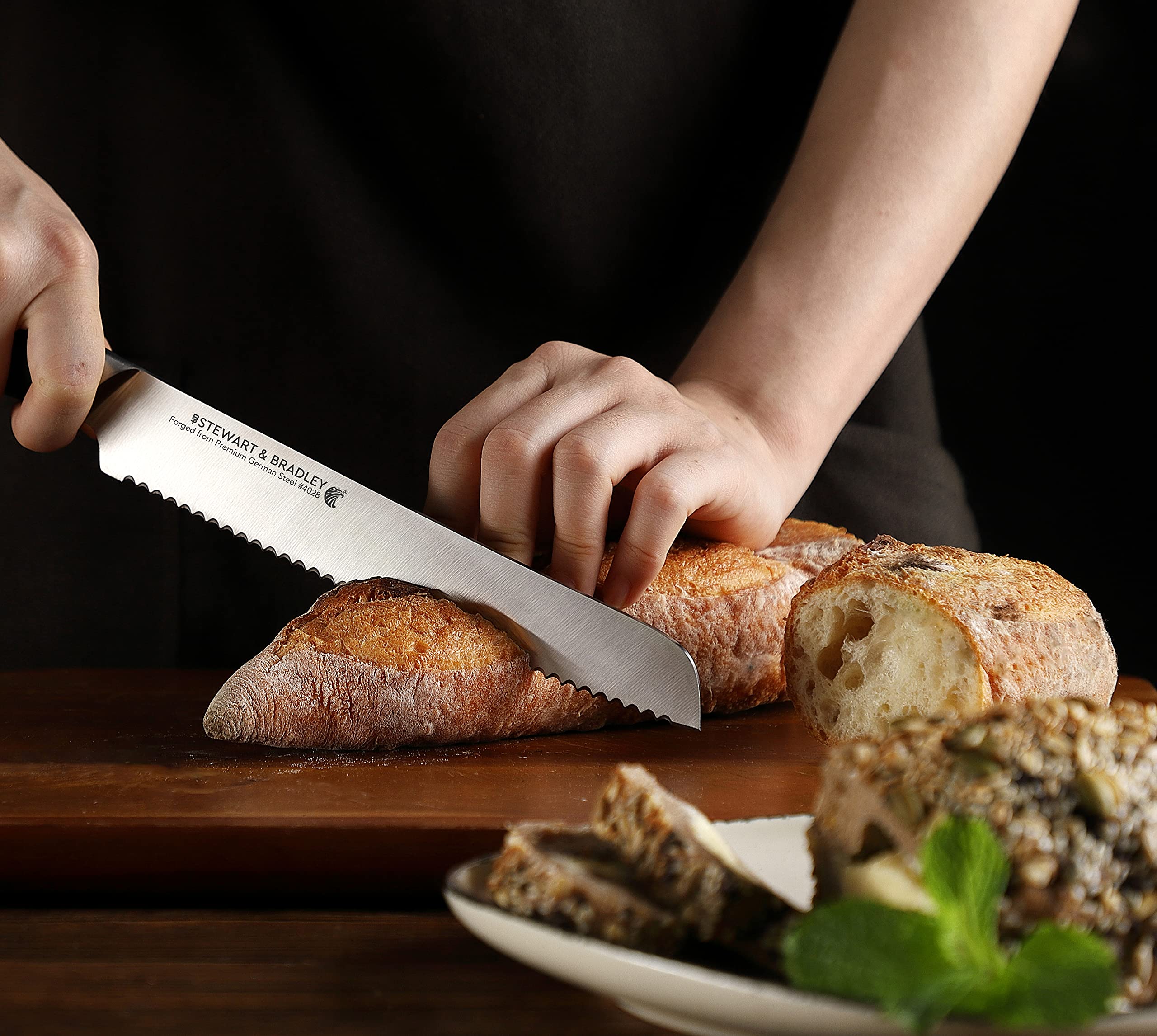 STEWART & BRADLEY 8Inch Serrated Bread Knife. MasterPro Series Full Tang, Razor Sharp, Ultra Fine Highly Tempered German Steel 4028, Forged to 1400 degrees, Precision Diamond Sharpened bread knife