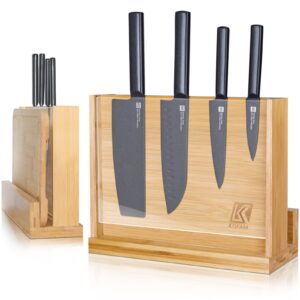 double-sided magnetic knife block(natural bamboo),knife holder,knife block with strong magnets,cutlery display stand and storage rack,large capacity, strongly magnetic (38 cm/14.9 in)