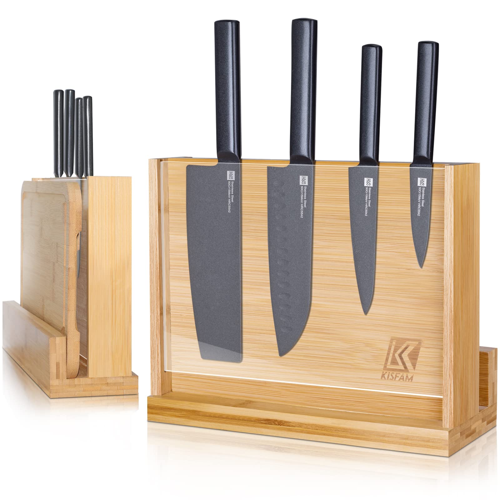 Double-Sided Magnetic Knife Block(Natural Bamboo),Knife Holder,Knife Block with Strong Magnets,Cutlery Display Stand and Storage Rack,Large Capacity, Strongly Magnetic (38 cm/14.9 in)