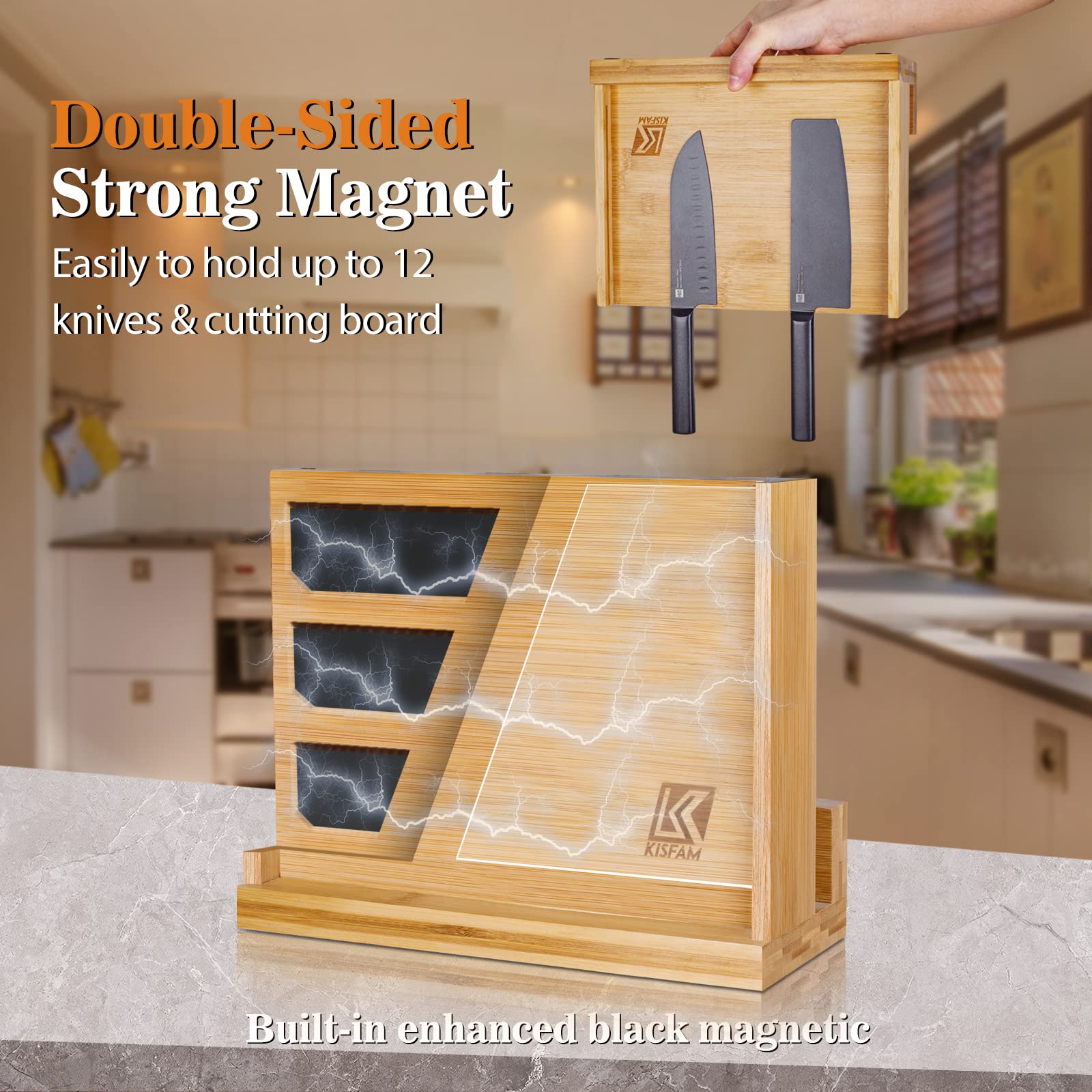 Double-Sided Magnetic Knife Block(Natural Bamboo),Knife Holder,Knife Block with Strong Magnets,Cutlery Display Stand and Storage Rack,Large Capacity, Strongly Magnetic (38 cm/14.9 in)