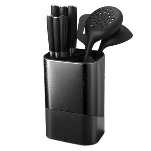 universal knife block without knives and utensil holder for countertop, matoyo 2-in-1 stainless steel kitchen knife holder for kitchen counter, fingerprint resistant (knife/utensil holder black)