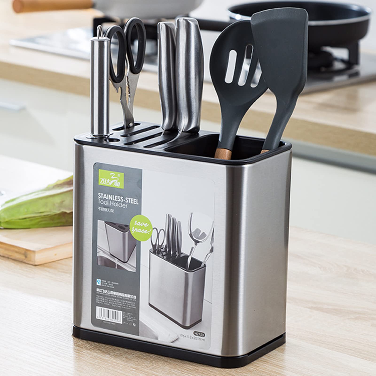 Wotermly Knife Block,Kitchen Universal Knife Holder without Knives, Stainless Steel Utensil Holders Space Saver Multi-function Knife Utensil Organizer, Detachable Knife Storage with Scissors Slot