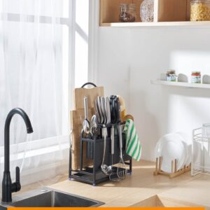 Allvin Knife Holder and Cutting Board Holder,Stainless Steel Material,This Kitchen Utensil Organizer is Perfect for Storing Your Knives, Cutting Boards, Chopsticks, Spoons, and Forks Etc (Black)