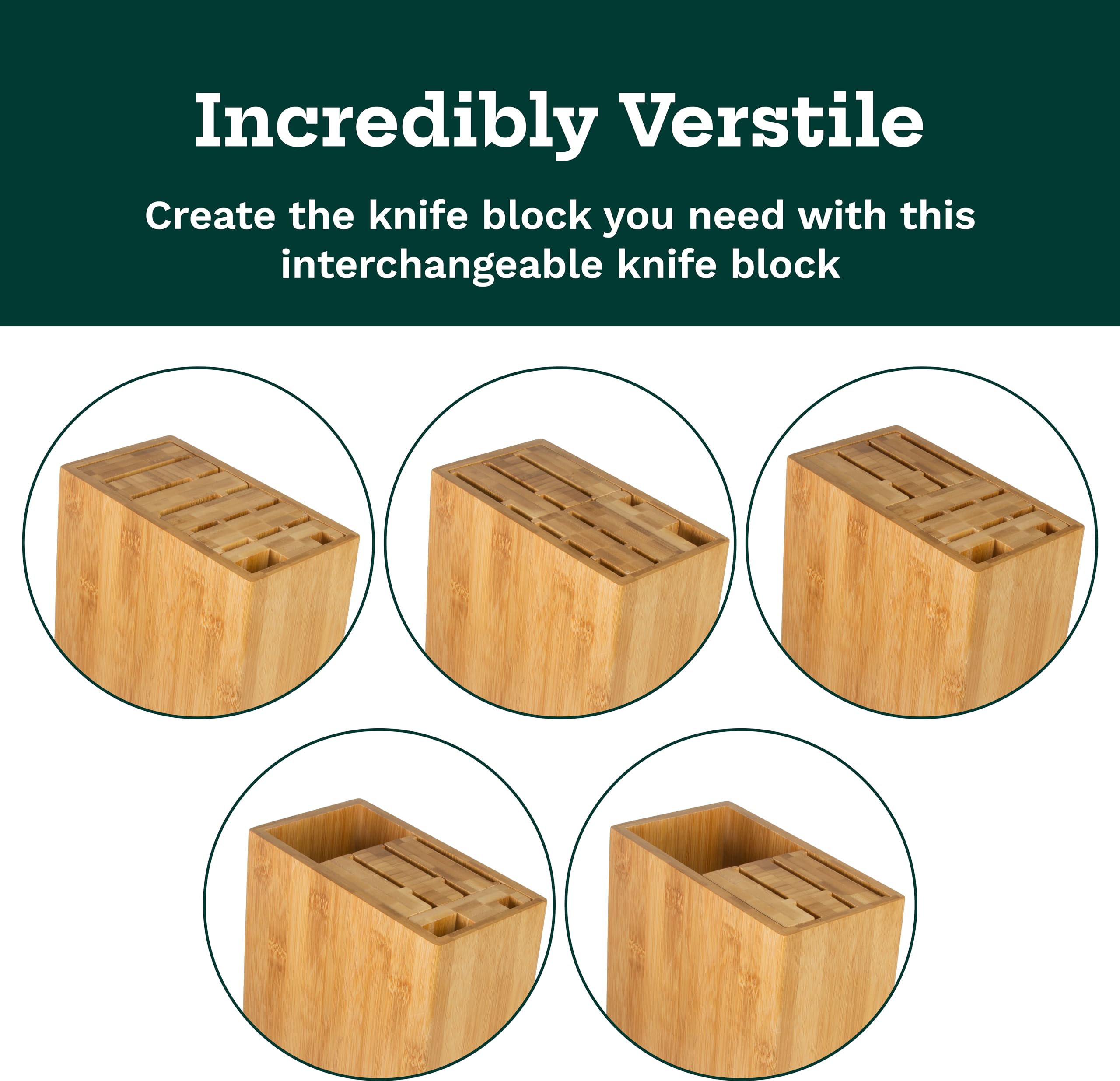 Kitalma 16 Slot Universal Knife Block - Large Bamboo Knife Block without Knives, Countertop Butcher Block Knife Holder - Washable & Removable Blocks - Space Saving Customizable Cutlery Organizer.