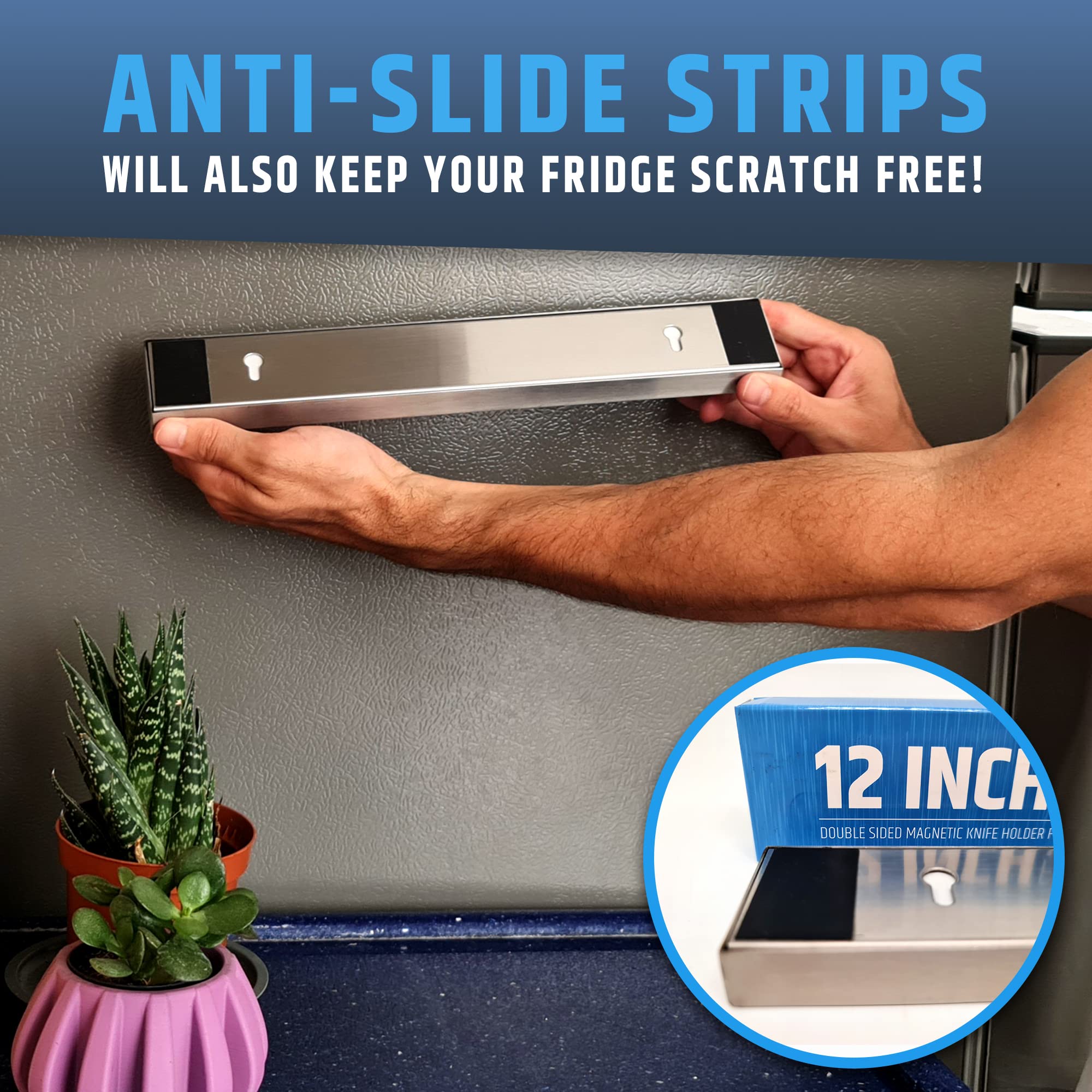 Fridge Applicable Stainless Steel Magnetic Knife Holder with Anti-Slide Upgrade - 12 Inch Professional Double Sided Knife Strip for Refrigerator - Knife Rack/Knife Bar with Powerful Pull Force