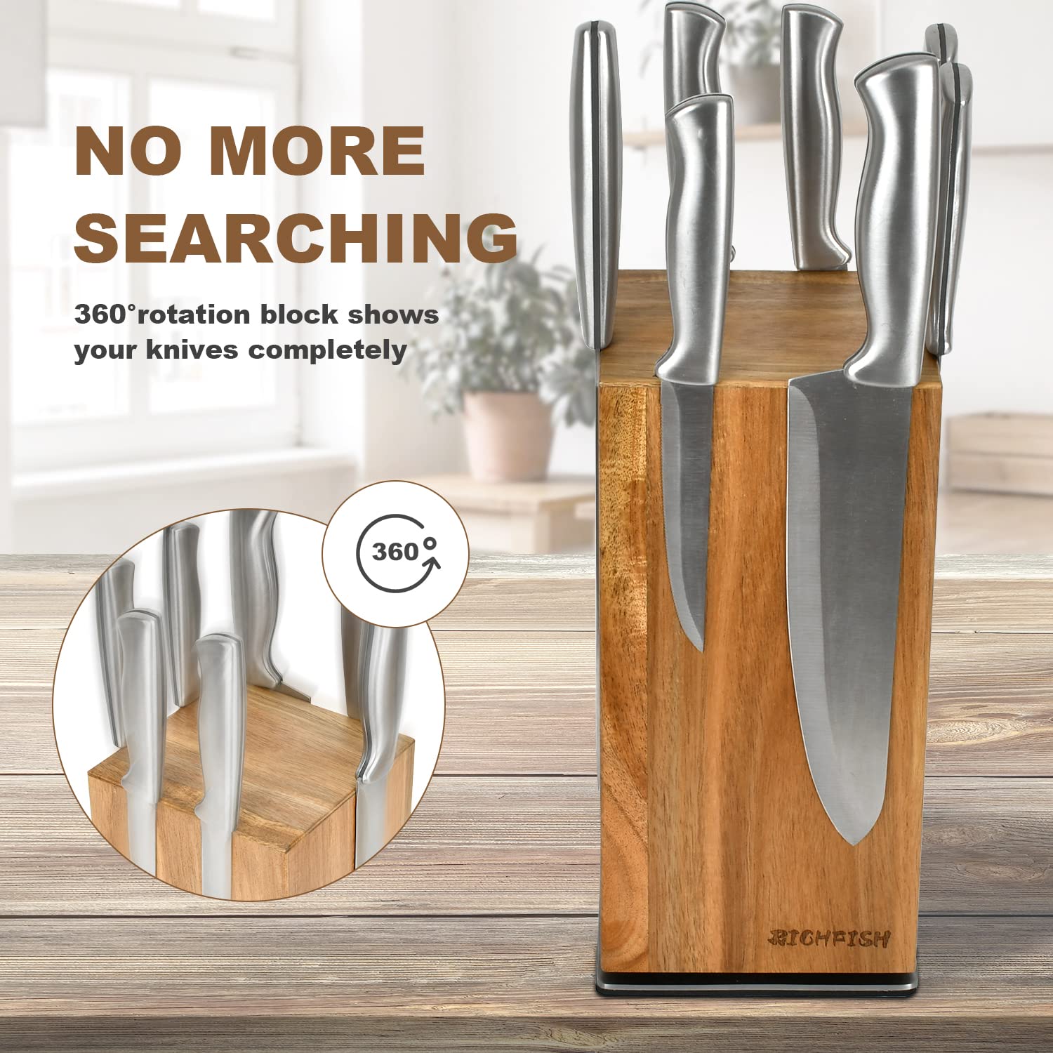 RICHFISH Magnetic Knife Block 360° Rotatable Knife Holder Magnetic Knife Strip Wooden Knife Block without Knives