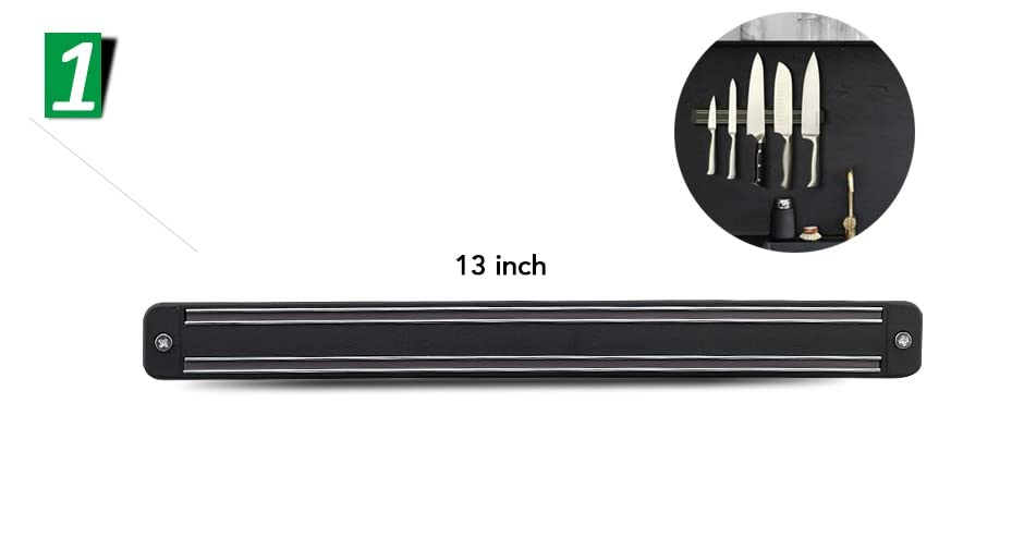 Wall Mount Magnetic Knife Holder - 13 Inch Black ABS Plastic Block Storage Rack with Chef Strip, Utensil Kitchen Organizer for Metal Knives