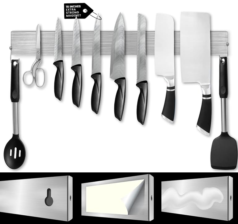 Homefer Magnetic Knife Holder for Wall - 15.7 inches - Stainless Steel Multifunctional Magnetic Strip for Organizing Kitchen Utensils - Glue, 2 Side Hooks & Foam Adhesive Strip Included - No Drilling!