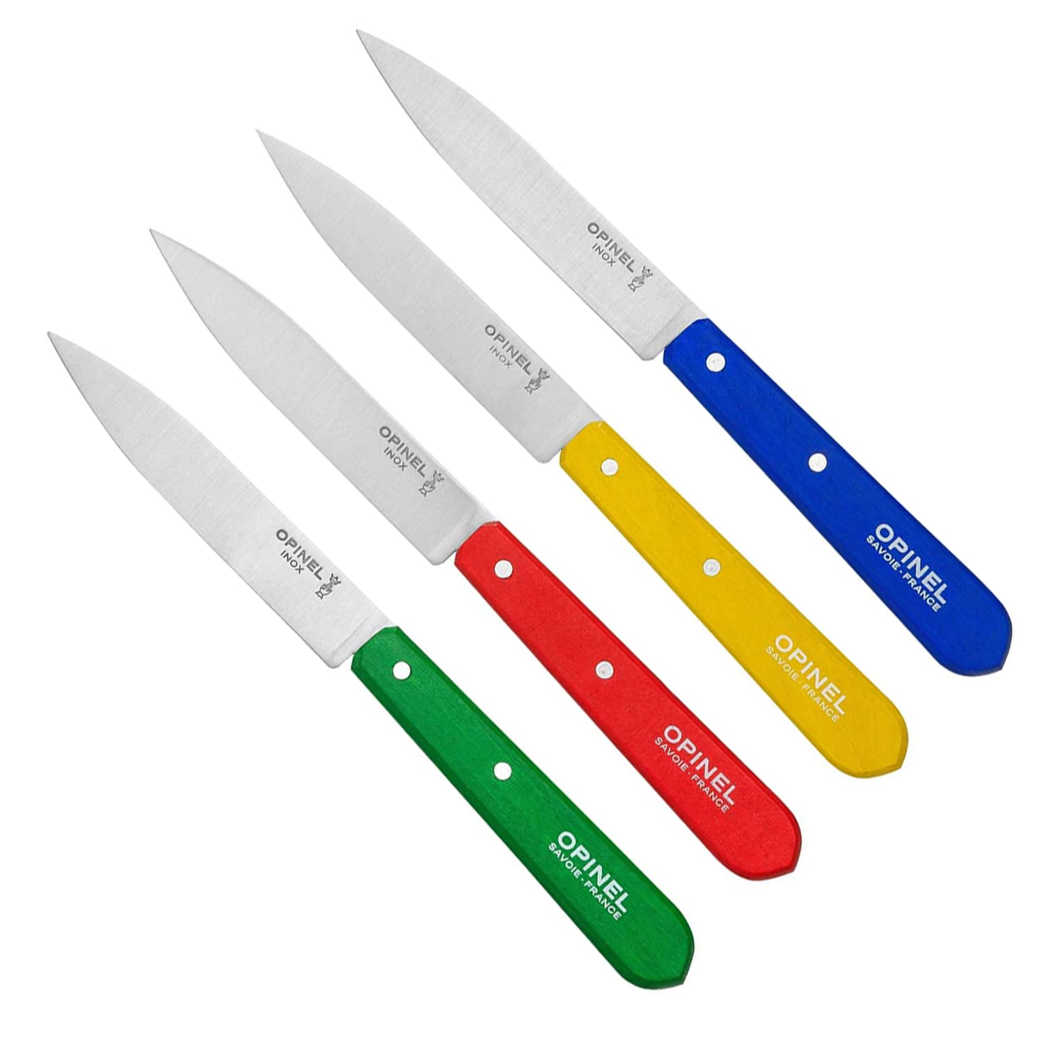 Opinel No. 112 Paring Knives Box Set, 4 Piece Paring Knife Set, High Carbon Steel for Chopping, Peeling, Slicing, Trimming, Painted Hornbeam Handles, Made in France (Classic), One Size, (001233)