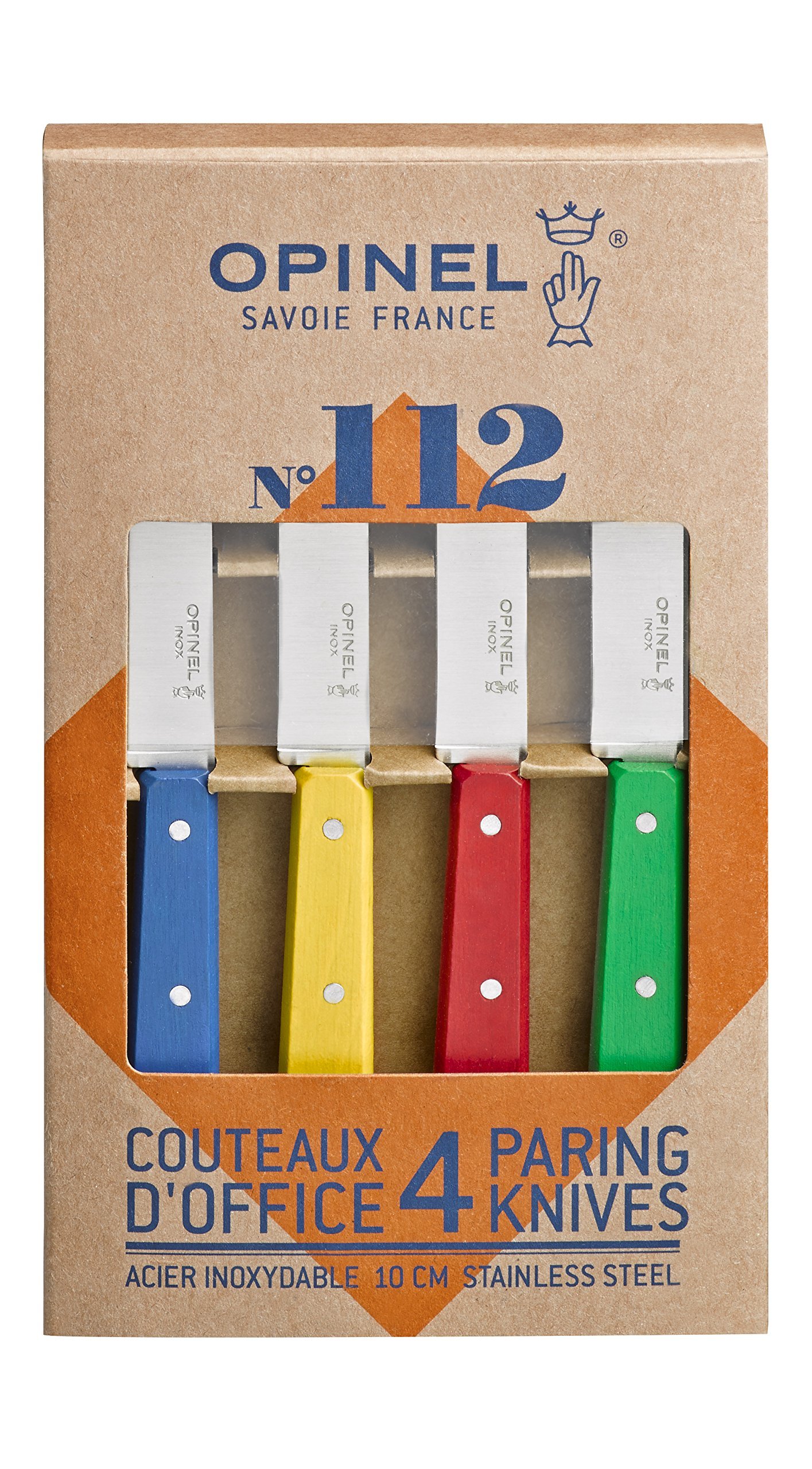 Opinel No. 112 Paring Knives Box Set, 4 Piece Paring Knife Set, High Carbon Steel for Chopping, Peeling, Slicing, Trimming, Painted Hornbeam Handles, Made in France (Classic), One Size, (001233)