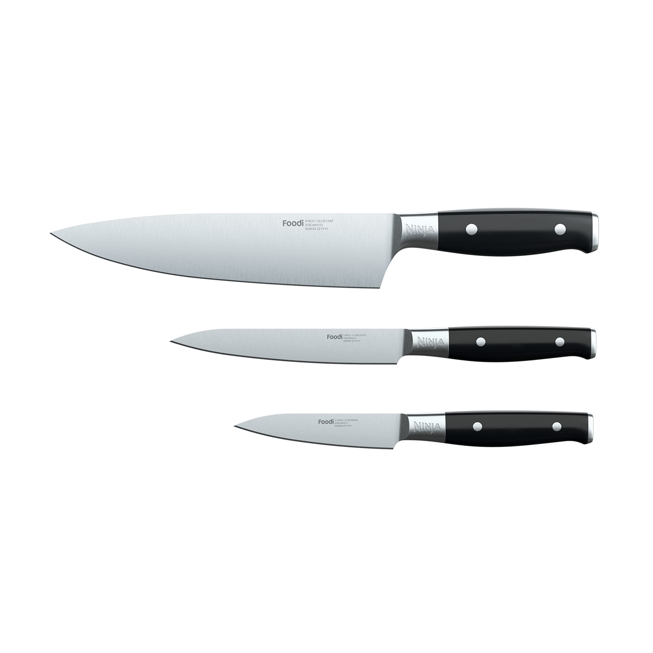 Ninja K32003 Foodi NeverDull System 3-Piece Chef Knife, Utility Knife & Paring Knife Set, Premium, German Stainless Steel, Black