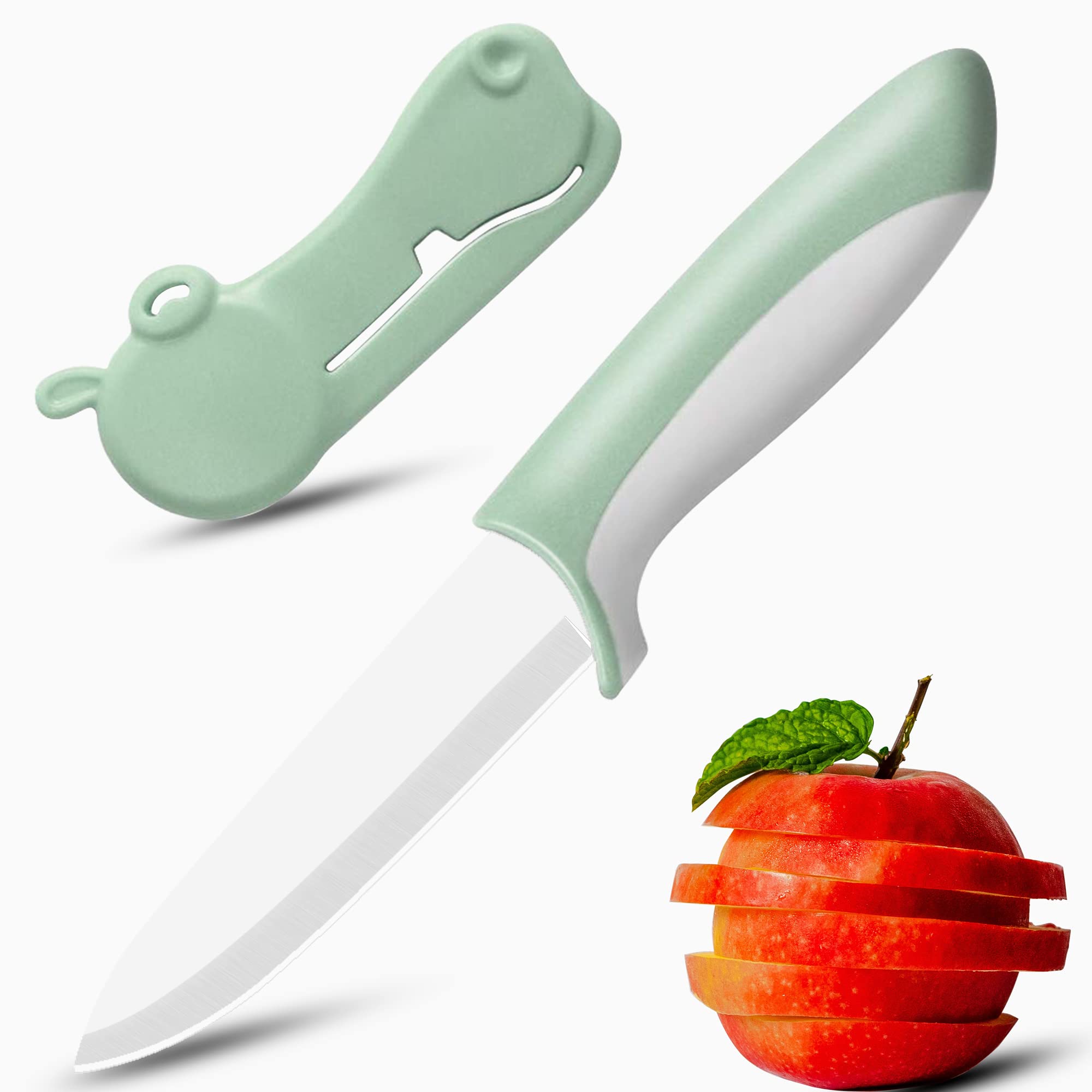 Jonbyi Paring Knife 4 inches, Kitchen Utility Knife - Ultra Sharp Stainless Steel Fruit Knife for Vegetables with Hippo Shaped Cover, Small Portable Pairing Knives Food knife with Sheath, Green