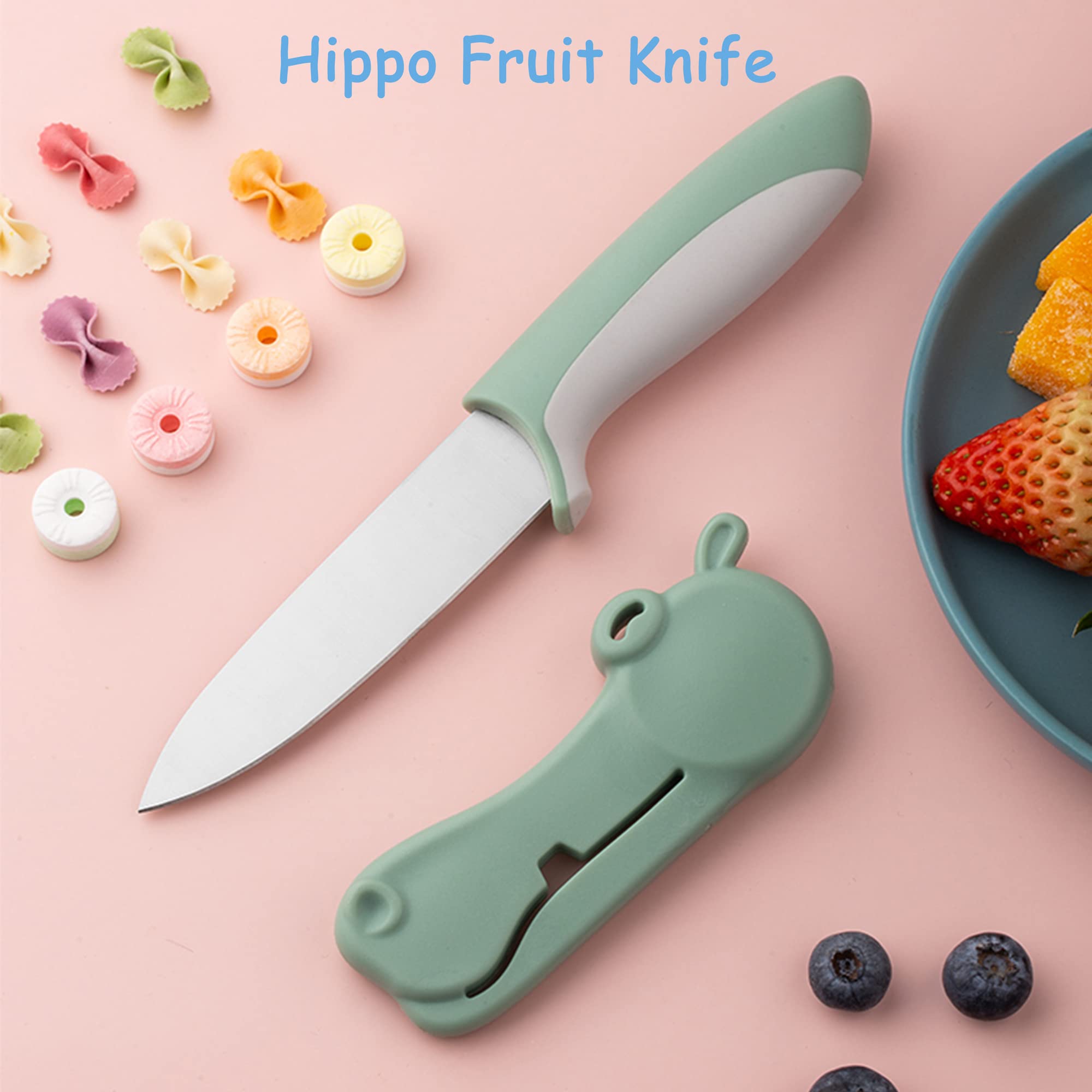 Jonbyi Paring Knife 4 inches, Kitchen Utility Knife - Ultra Sharp Stainless Steel Fruit Knife for Vegetables with Hippo Shaped Cover, Small Portable Pairing Knives Food knife with Sheath, Green