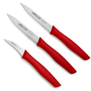 ARCOS 3 Pieces Paring Knife Set. 3 Peeling Knives of Stainless Steel and Ergonomic Polypropylene Handle for Cutting Fruits, Vegetables and Tubers. Series Nova. Color Red