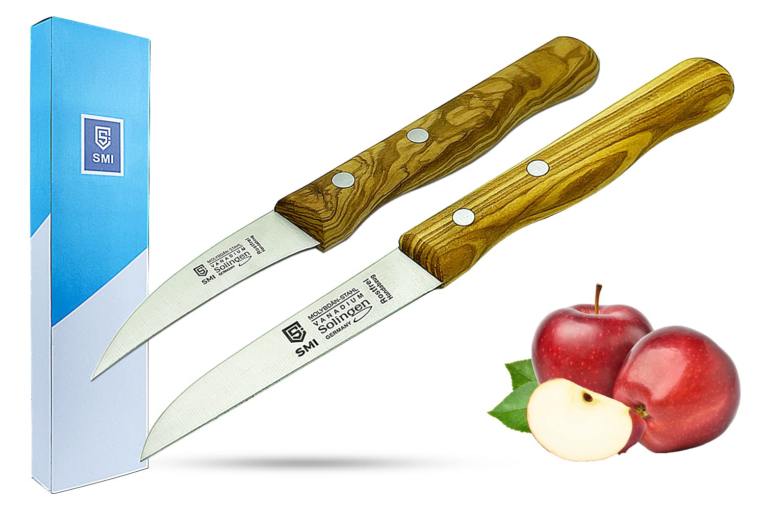 SMI - 2 Pcs Paring Knife Set Peeling Knife Straight & Curved Vegetable Knife Fruit Knife Olive Wood Handle Solingen Knife Made in Germany - Not Dishwasher Safe