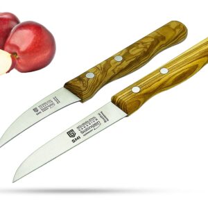 SMI - 2 Pcs Paring Knife Set Peeling Knife Straight & Curved Vegetable Knife Fruit Knife Olive Wood Handle Solingen Knife Made in Germany - Not Dishwasher Safe