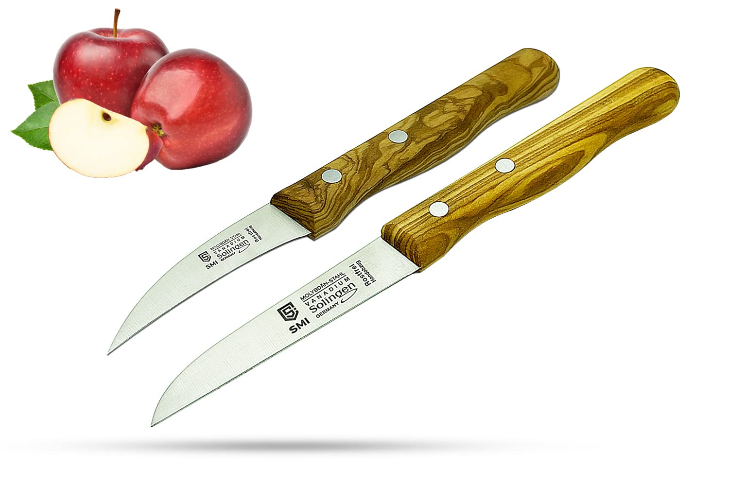 SMI - 2 Pcs Paring Knife Set Peeling Knife Straight & Curved Vegetable Knife Fruit Knife Olive Wood Handle Solingen Knife Made in Germany - Not Dishwasher Safe