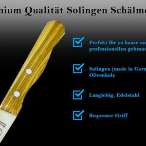 SMI - 2 Pcs Paring Knife Set Peeling Knife Straight & Curved Vegetable Knife Fruit Knife Olive Wood Handle Solingen Knife Made in Germany - Not Dishwasher Safe