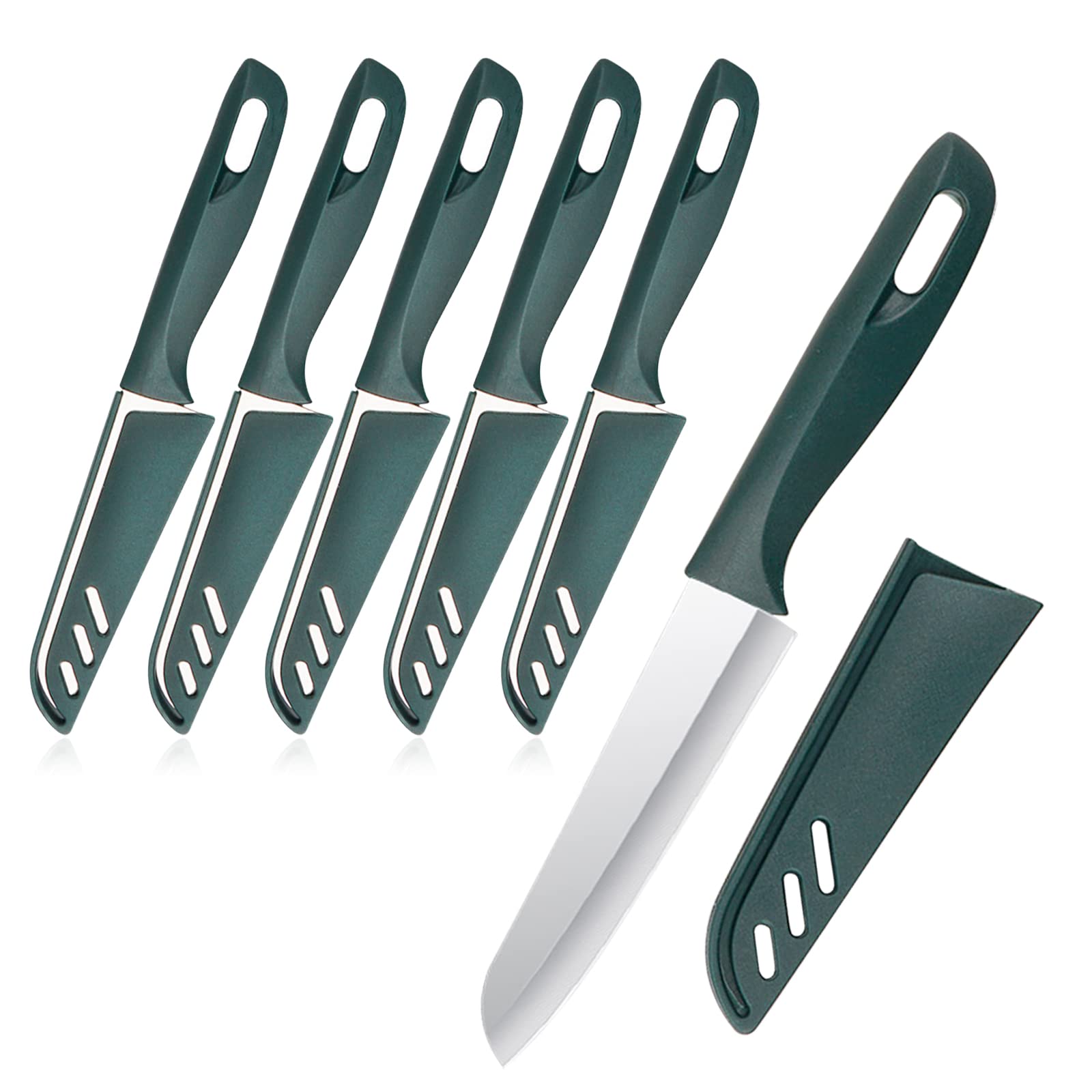 Paring Knife, New Sharp and Durable Fruit Knife with Protective Cover, Exquisite dark green look, Suitable for Most Types of Vegetables, Fruits and Meat (6 Pieces)