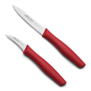 ARCOS Paring Knife Set 2 Pieces. 2 Peeling Knives of Stainless Steel and Ergonomic Polypropylene Handle for Cutting Fruits, Vegetables and Tubers. Series Nova. Color Red